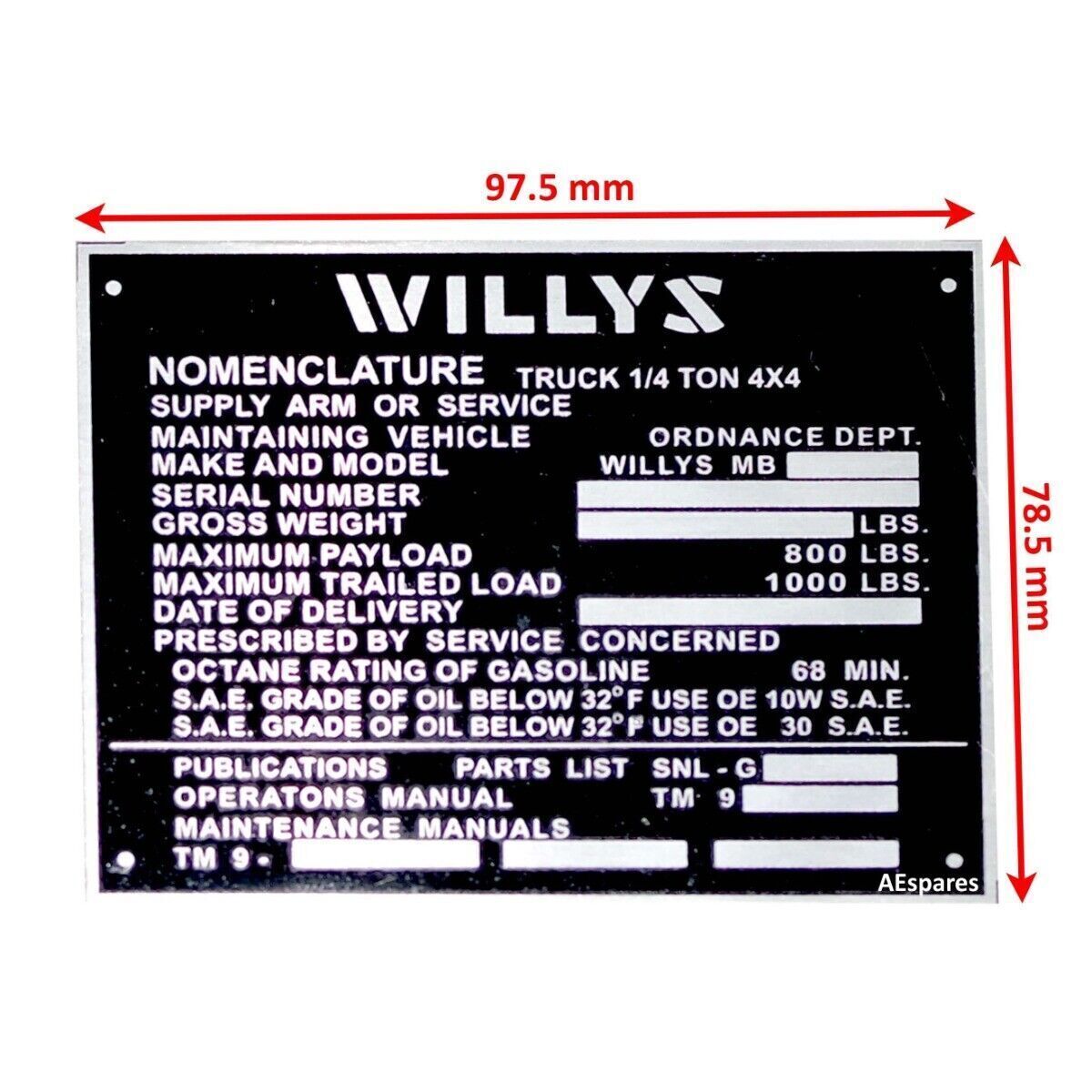 Jeep Willys Ford CJ2A CJ3A CJ3 - Dash Data Plate Aluminum Black Set ...