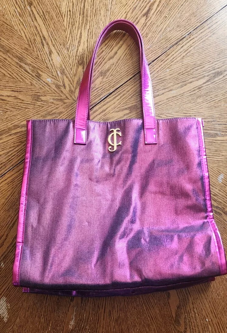 Juicy Couture Metallic Pink Tote Bag JC Gold Logo Emblem Hot Pink ...