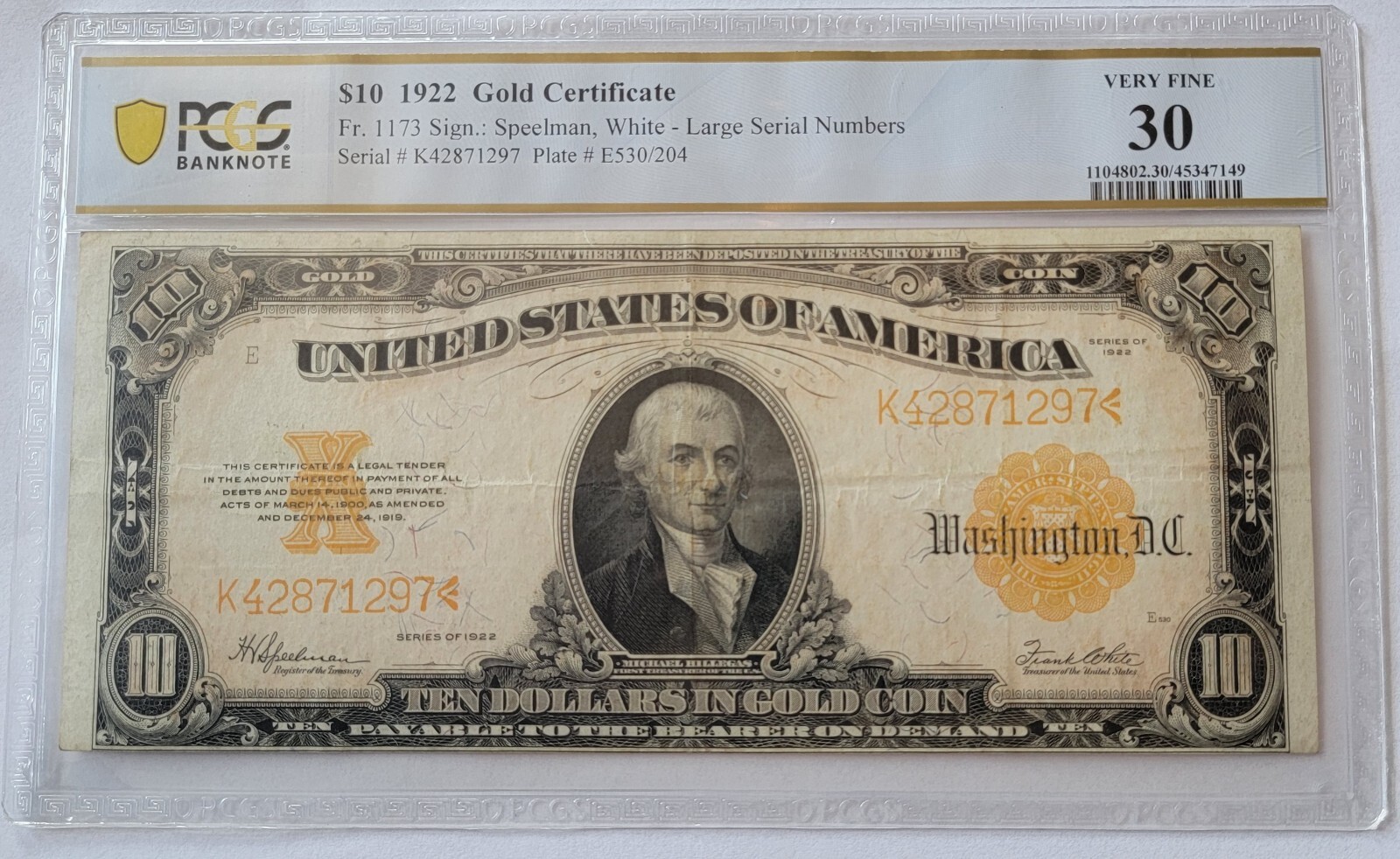 $10 1922 PCGS VF30 Gold Certificate Fr.1173 Sign: Speelman, White Large ...