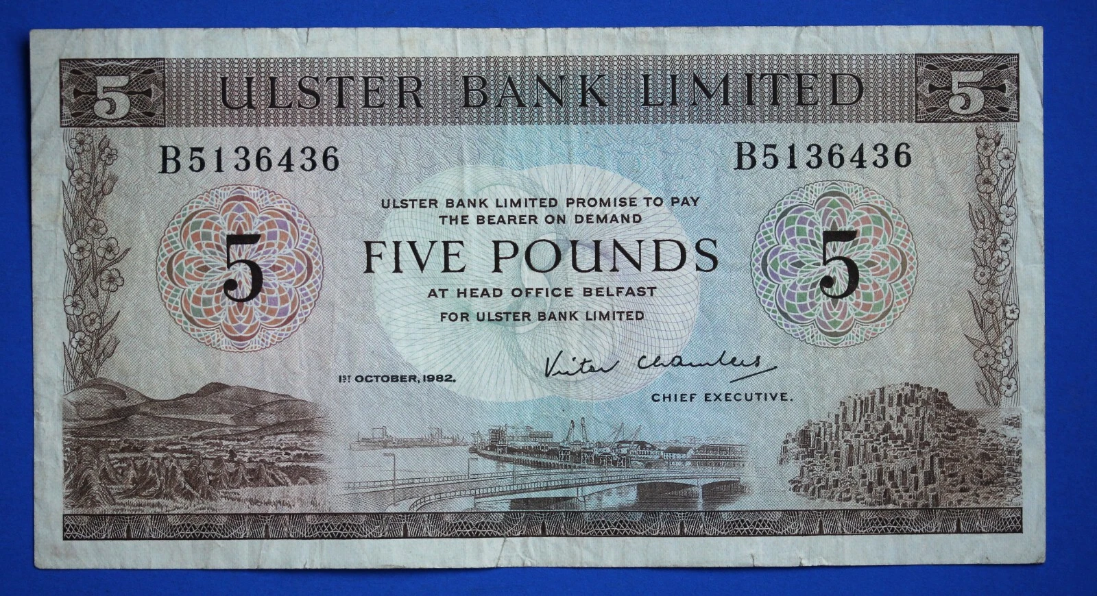 1982 Ulster Bank, Five pound, Chambers £5 banknote, Prefix "B" **[28904 ...