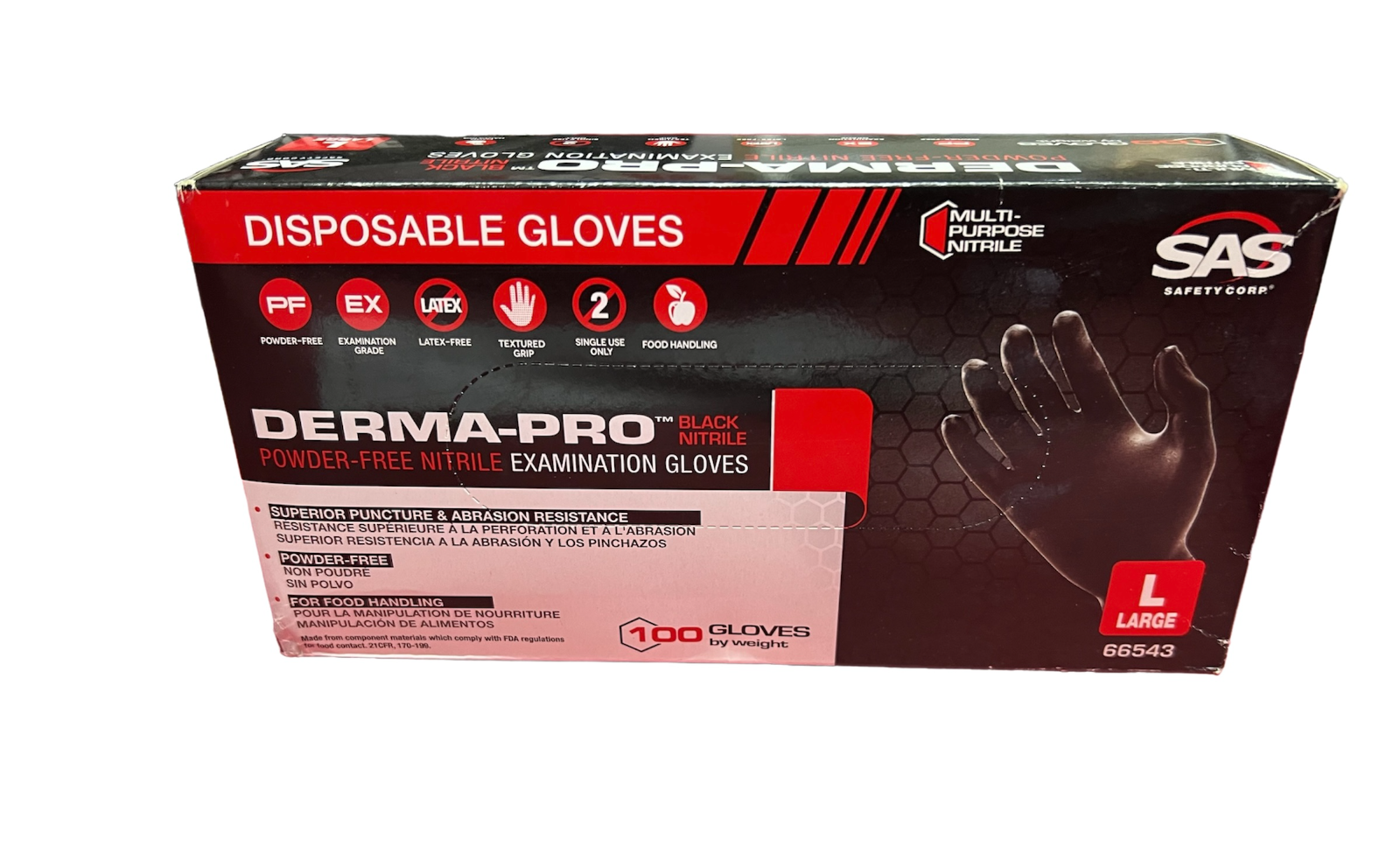 SAS Safety Derma-Tuff Powder Free Nitrile Gloves - Black, Size L (66583 ...