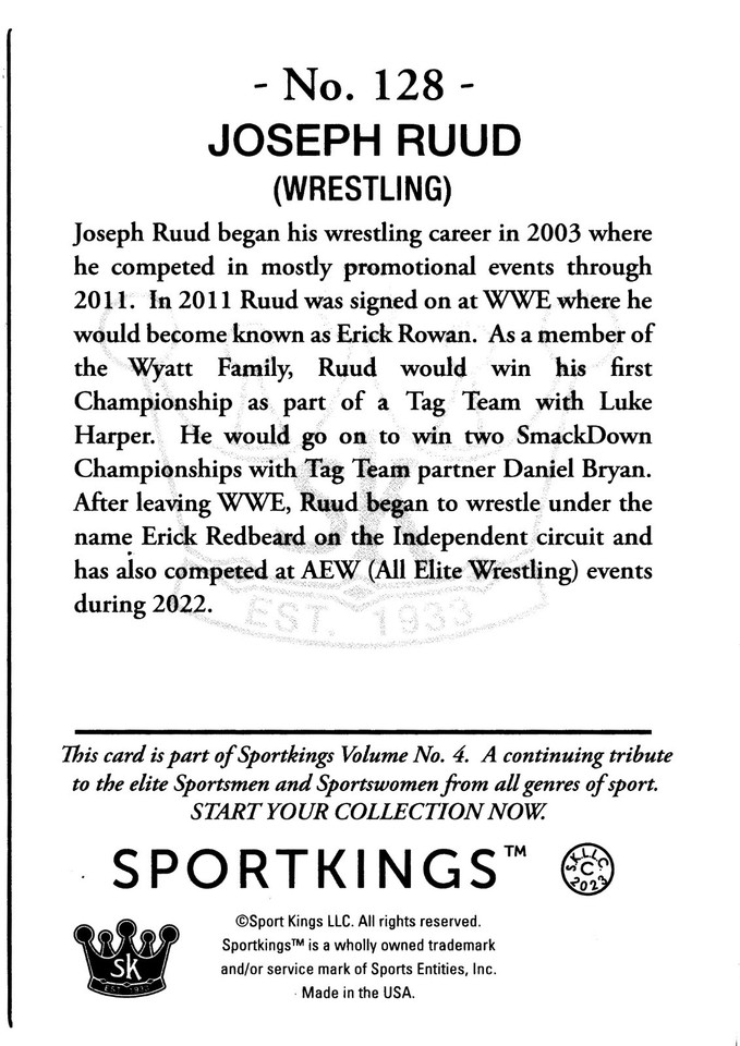 2023 Sport Kings Volume No. 4 Base #128 - Joseph Rudd (Wrestling) WWE ...