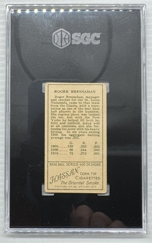1911 Hassan Cigarettes T205 Roger Bresnahan Mouth Open Vintage Card SGC ...