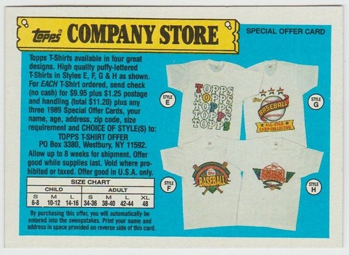 1989 Topps Baseball Company Store T-Shirt Offer | eBay