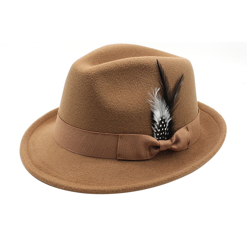 Classic Fedora Hats for Men Women Short Brim Felt Feather Hat Panama ...