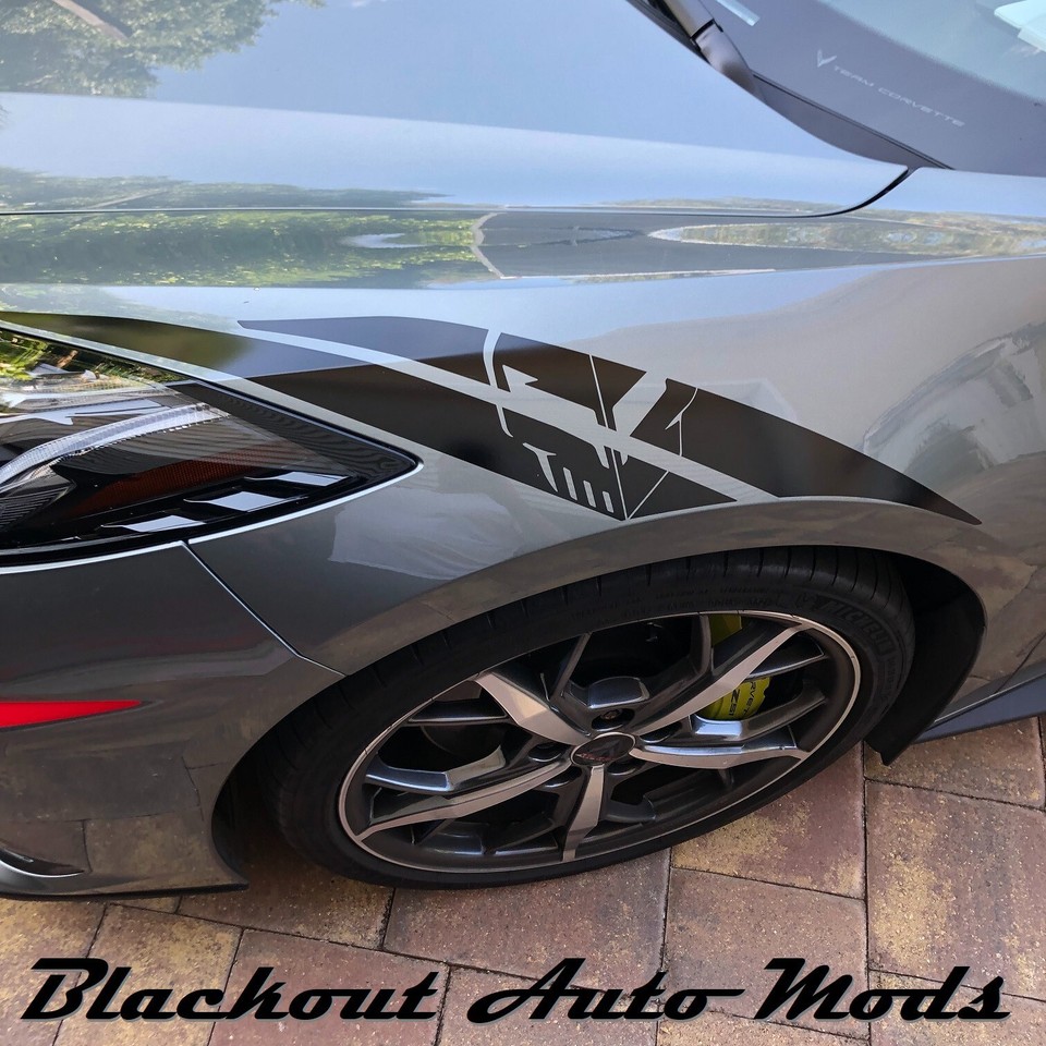 Gloss Black Front Fender Stripe Jake Type Graphics Fits C8 2020-2025 ...