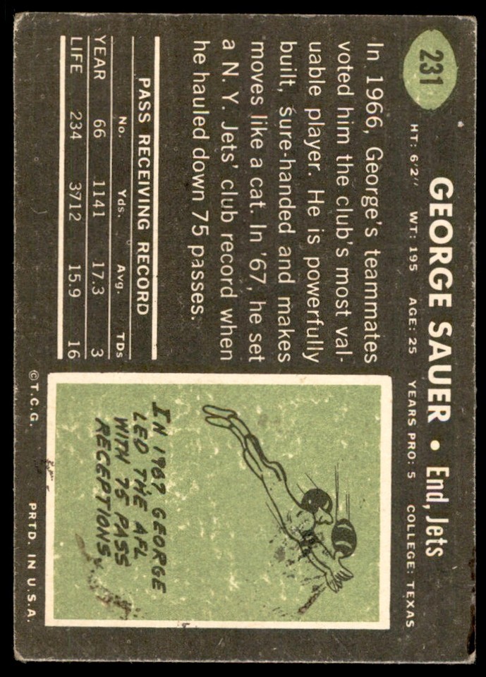 1969 TOPPS {DAMAGED} GEORGE SAUER JR. NEW YORK JETS #231 | eBay