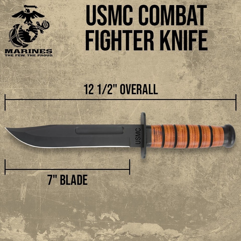 USMC Marines Combat Knife | 7" Stainless Steel Blade | Embossed Leather ...