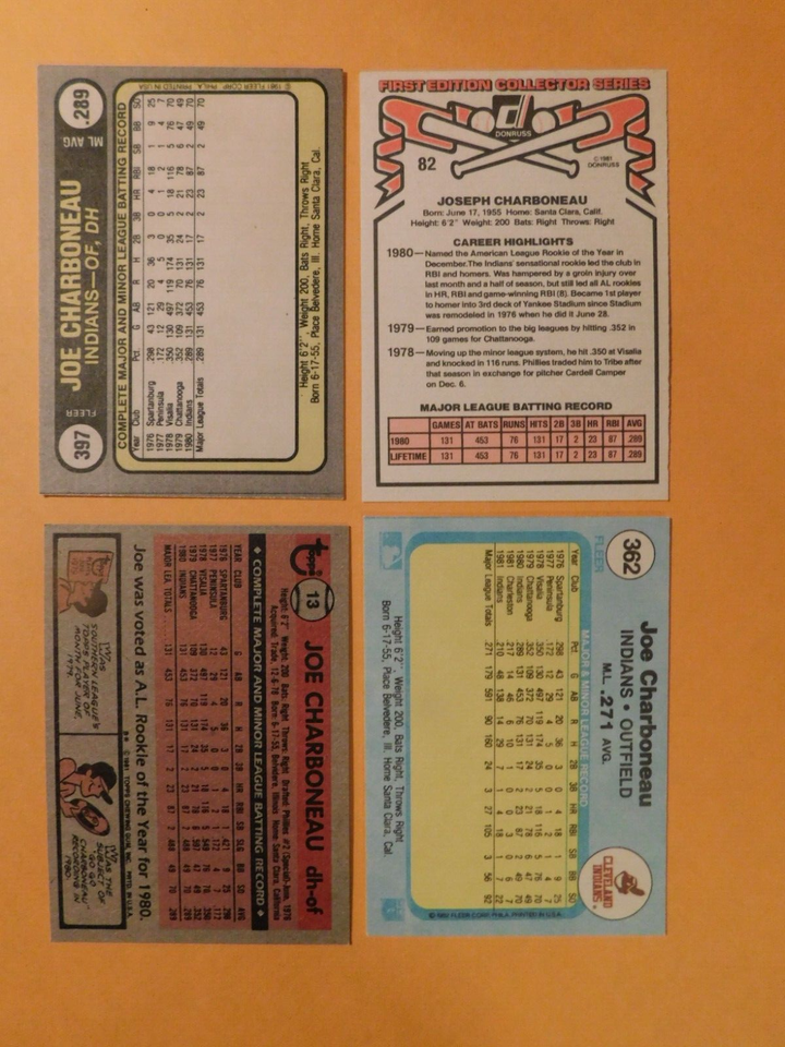 Joe Charboneau 4 Card Lot W/ROOKIE!!!! | eBay