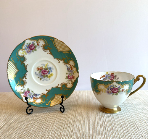 Shelley Tea Cup & Saucer Patches & Georgian Teal Green | eBay