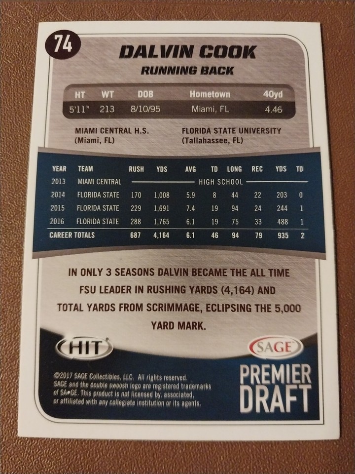 2017 DALVIN COOK SAGE HIT NFL ROOKIE CARD RC #74 VIKINGS FLORIDA ST ...