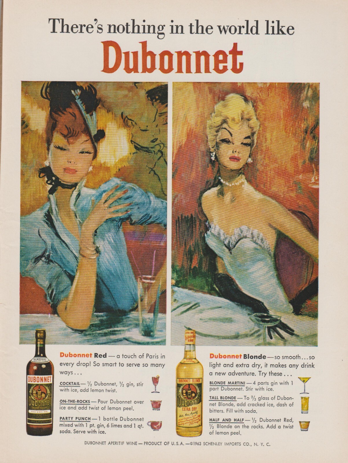 1963 Dubonnet Wine - Fancy Dress Women - Red, Blonde - Print Ad Art Bar ...