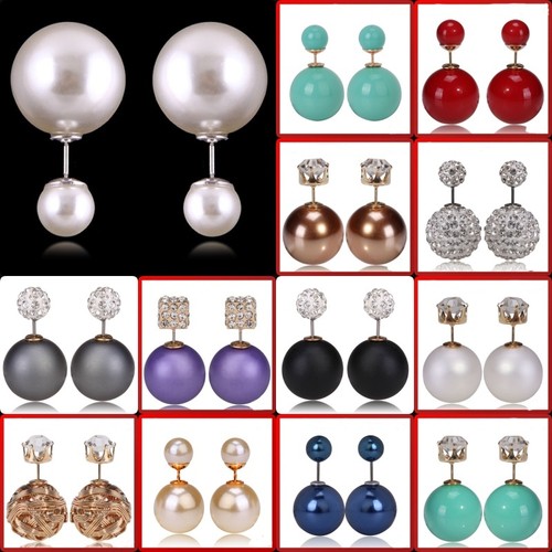 Doppel zwei Perlen Ohrringe Shamballa Strass Kristall Gold Silber ...