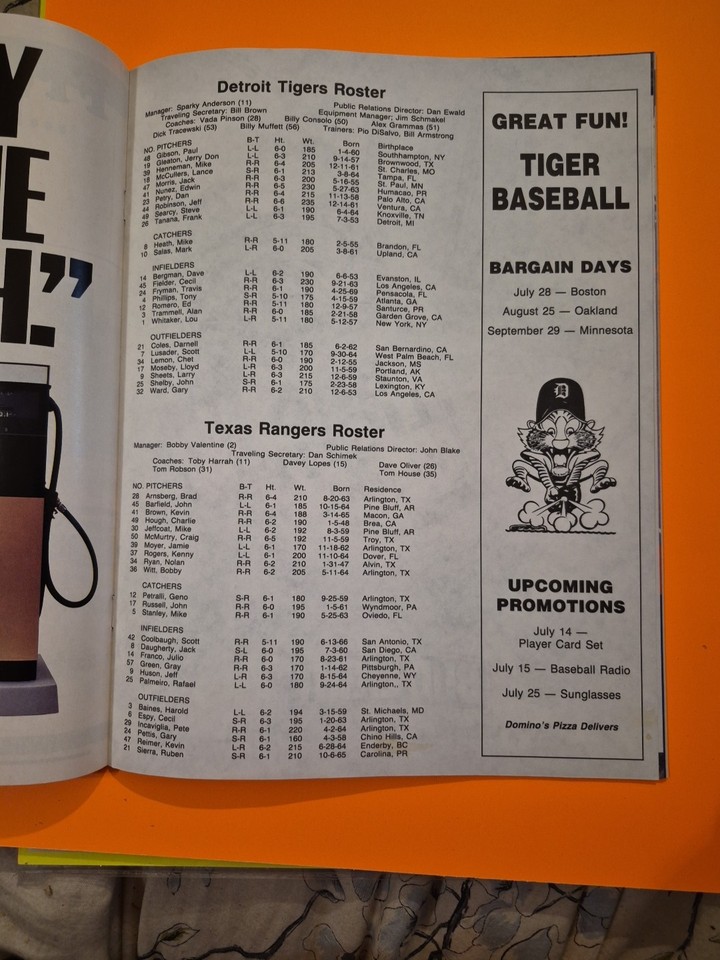 Detroit Tigers 1990 Scorebook & Program vs. Texas Rangers w Ticket N ...