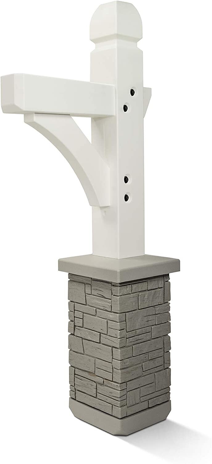 White Mailbox Post Set 4x4 Cover Cross-Arm Faux Stone Brick Base for ...