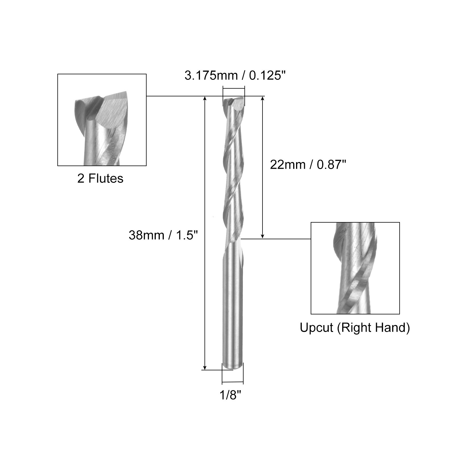10pcs Spiral End Mill CNC Router Bit 1/8" Shank 3.175mm x 22mm Up Cut 2 ...