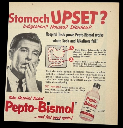 Pepto-Bismol Vintage Ad 1950s Upset Stomach Indigestion Nausea Medicine ...