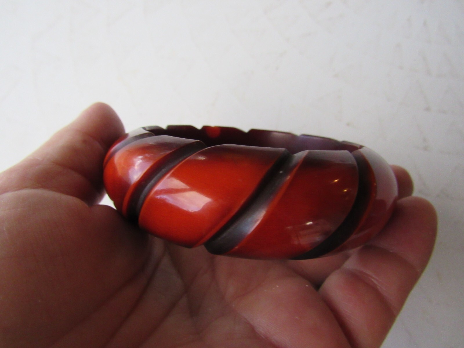 Overdyed Red and Black Carved Bakelite Bangle Chunky - Gem