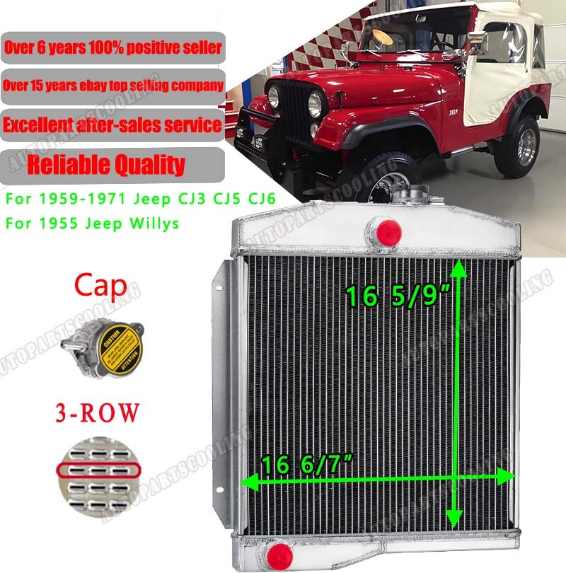 3-Row Aluminum Radiator FOR 1955 Jeep Willys / 1959-1971 Jeep CJ3 CJ5 ...