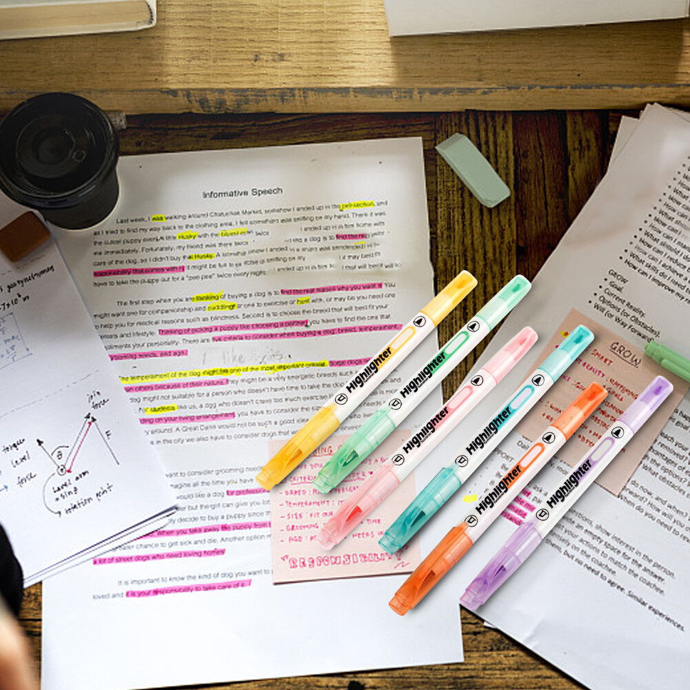 6pcs Dual Tips Highlighter Pen Quick Dry Note Taking Drawing Water ...