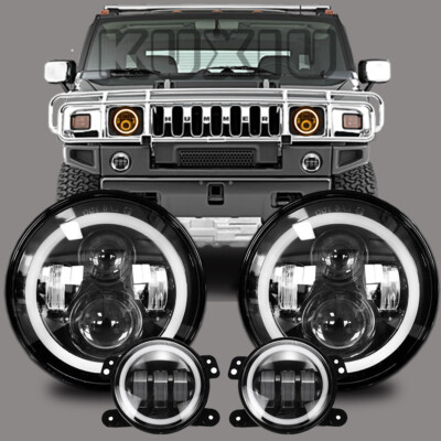 For Hummer H3 H3T 05-10 7" INCH Halo led Headlight DRL & 4" Fog Lights ...