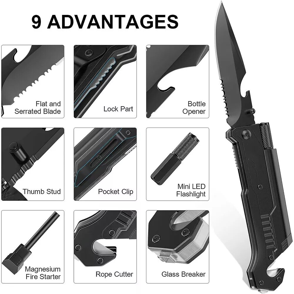 LED Folding Knife Pocket Knife Spring Open EDC Assisted Survival ...