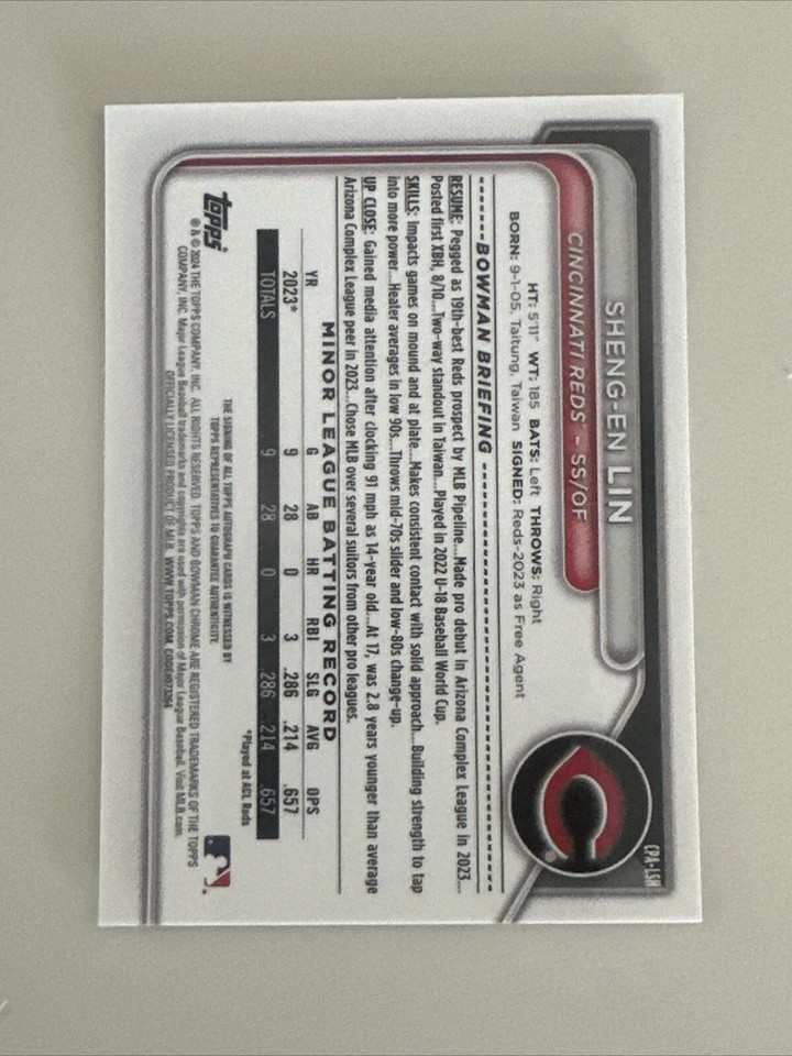 2024 Bowman Chrome Sheng-en Lin 1st Auto Base #CPA-LSH Cincinnati Reds ...