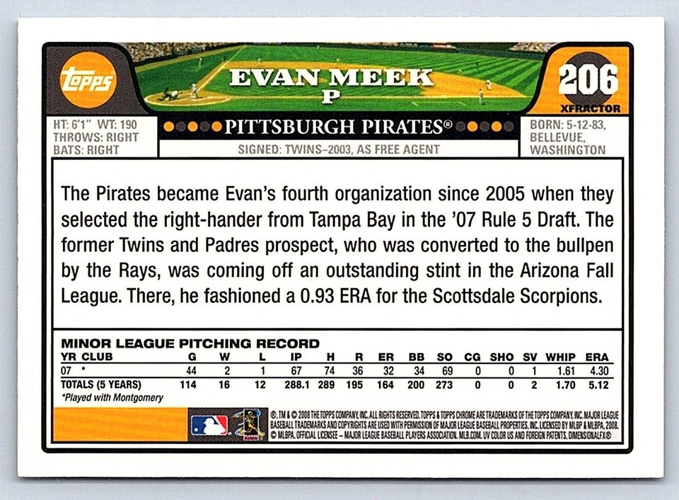 EVAN MEEK PIRATES RC 2008 TOPPS CHROME #206 XFRACTOR REFRACTOR | eBay