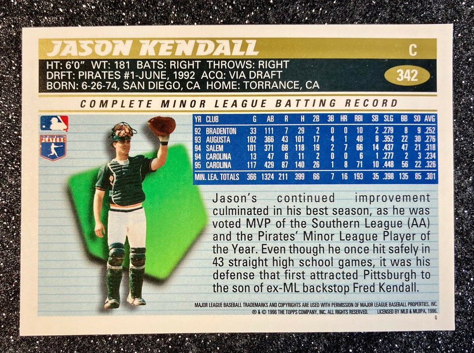1996 Topps Rookie Jason Kendall #342 Baseball Card Pittsburgh Pirates ...