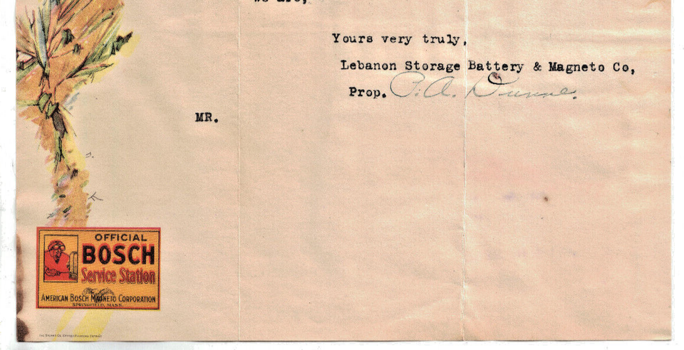 1921 Lebanon Storage Battery & Magneto Co. Letter Letterhead Bosch ...