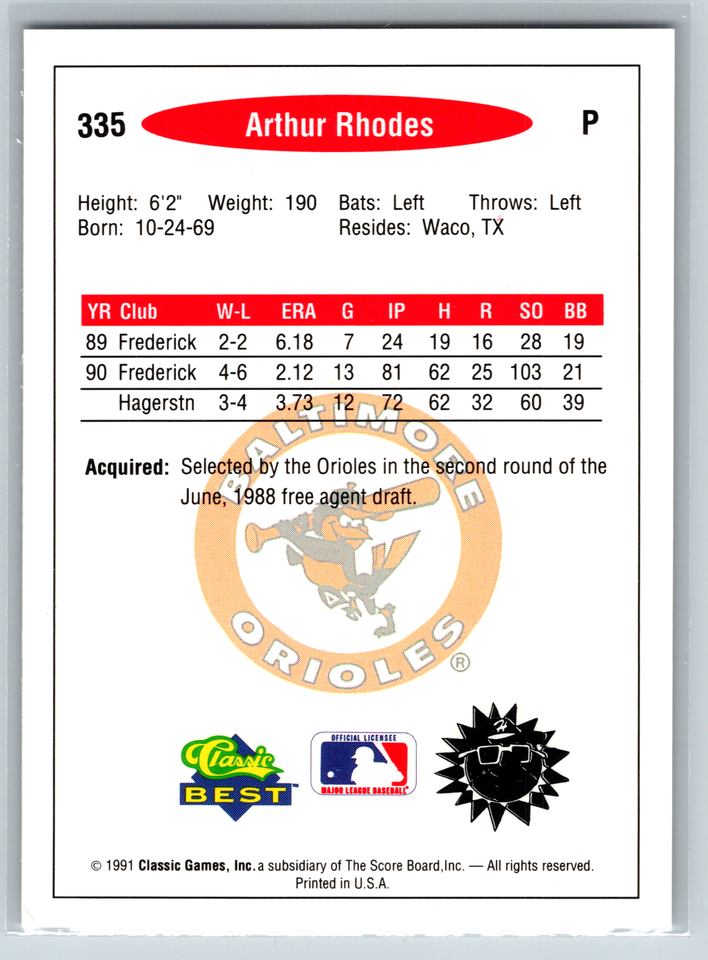Arthur Rhodes 1991 Classic Best #335 Hagerstown Suns | eBay