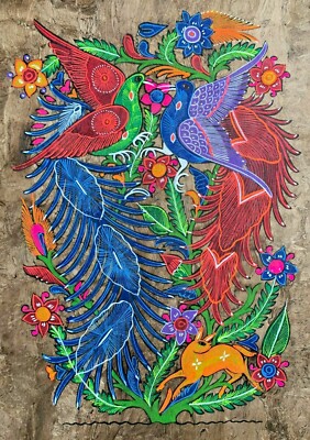 15 1/2 X 23" Mexican Folk Art Amate Bark Painting Aztec Love Bird ...