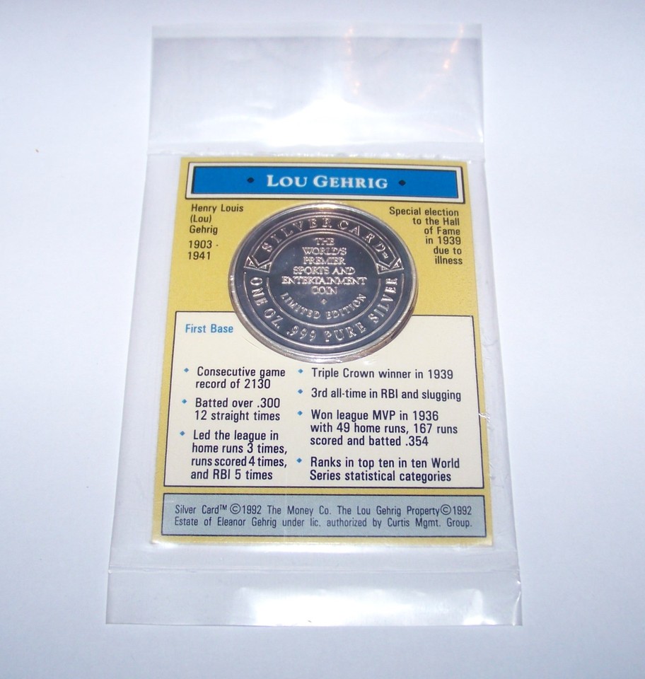 Lou Gehrig HOF 1oz .999 Pure Silver Card Round Coin MLB Legends of ...