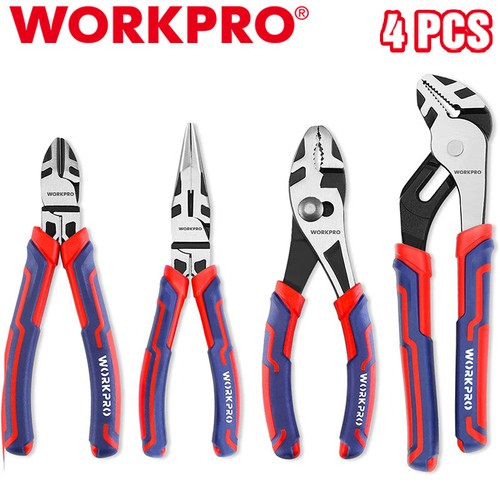 WORKPRO 4PC Pliers Set Slip Joint Long Nose Diagonal Cutting Groove ...