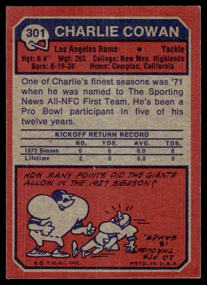 1973 TOPPS CHARLIE COWAN 2 RC LOS ANGELES RAMS #301 | eBay