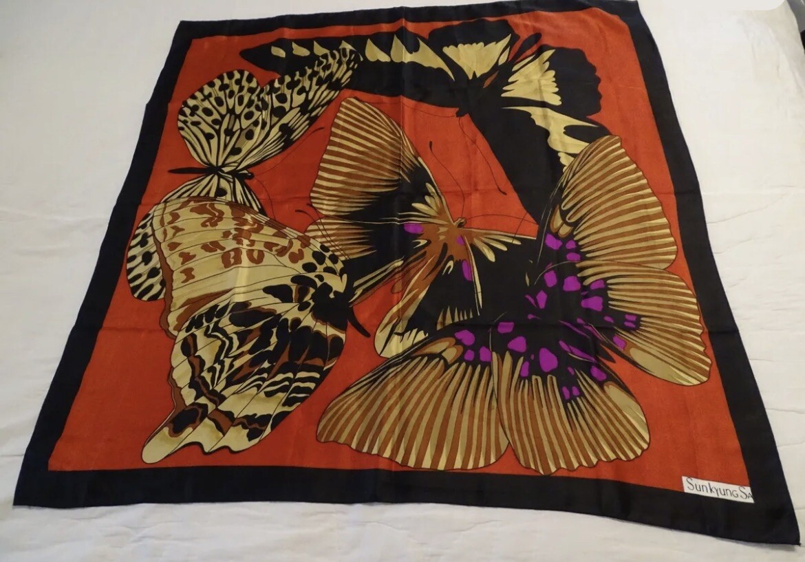 Vintage Sunkyung Sa Scarf Butterfly 34x34 Square Black Brown Purple ...