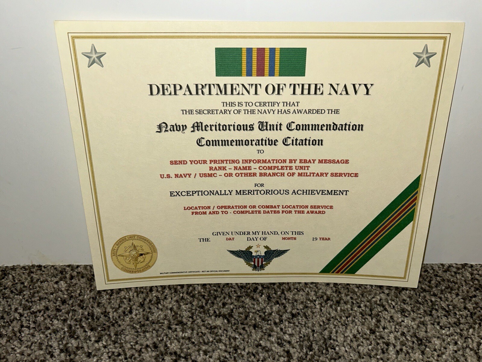 NAVY MERITORIOUS UNIT COMMENDATION COMMEMORATIVE CERTIFICATE ~W ...