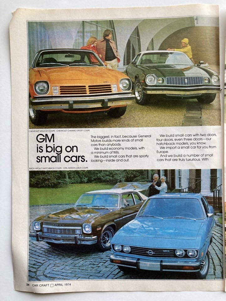 1974 GM Print Ad Vega Camaro Ventura Formula Apollo Opel Nova Omega GTO ...