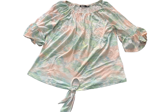 Cure Top Womens Medium M Knotted Bottom Short Sleeve Blouse Pink Blue ...