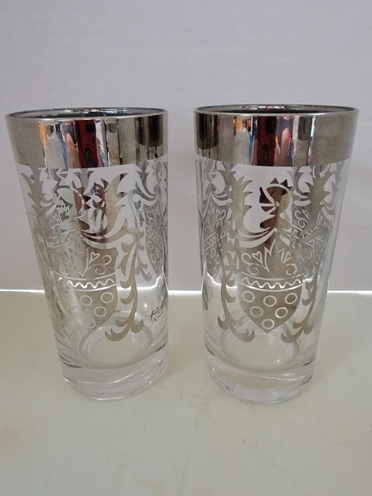 Vintage Set of 2 MCM Kimiko Silver Barware Overlay Heraldic Highball ...