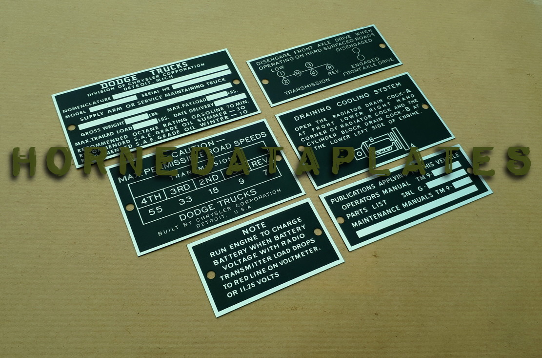 DODGE WC51 WC52 3/4 TON WEAPON CARRIER DATA PLATES ID TAGS WC-51 WC-52 ...