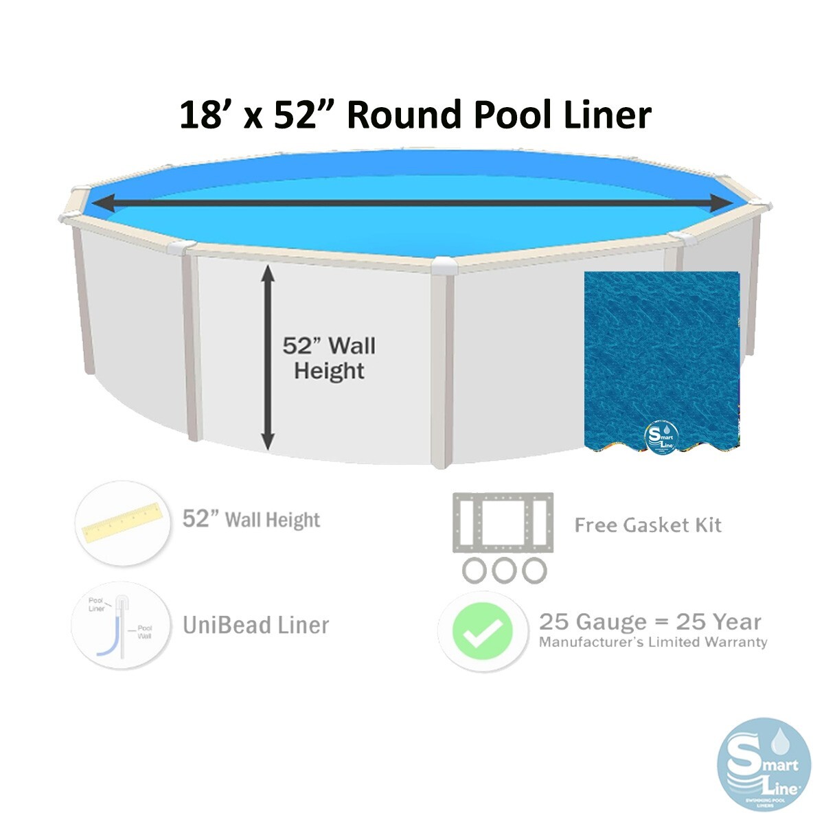 SmartLine 18' x 52” Round Unibead 25 Gauge Swimming Pool Liner - Choose ...