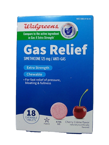 Walgreens Gas Releif ~Extra Strength ~18 Chew Tablets Cherry Creme ~Exp ...