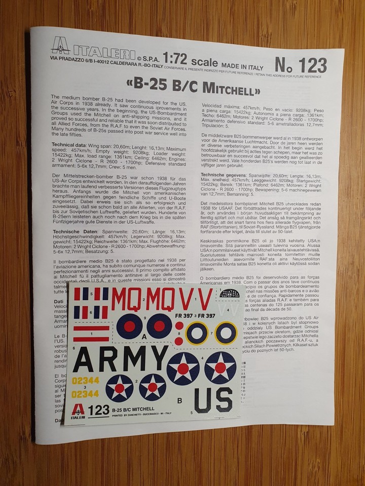 Italeri No 123 B-25 B/C Mitchell 1:72 Plastic Model Kit | eBay UK