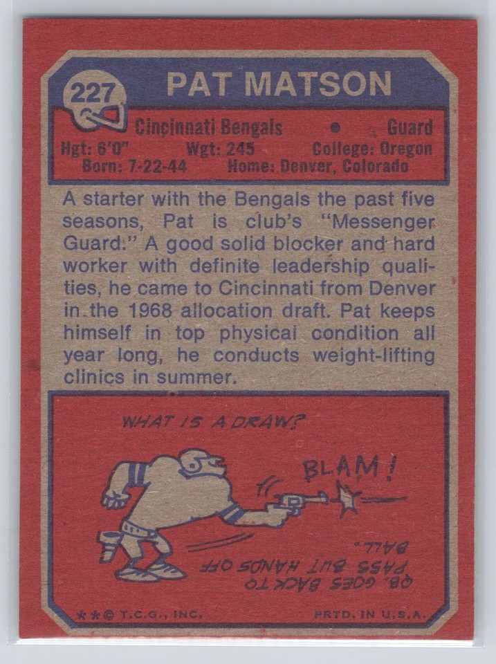 1973 Topps #227 Pat Matson - Bengals - Nrmt | eBay