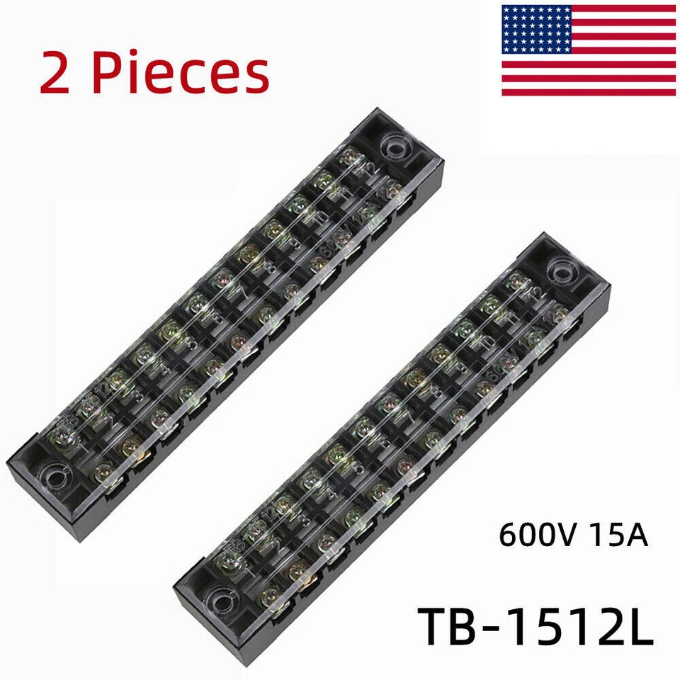 2X Block 2 Position 600V 15A Wire Barrier Dual Row Screw Terminal Panel ...