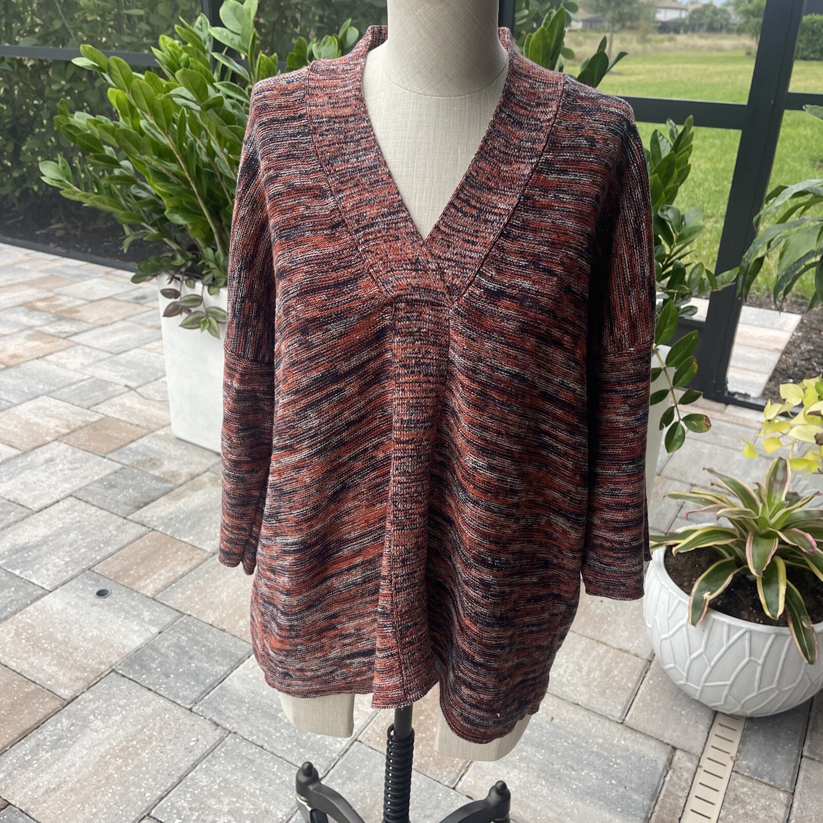 Pure Jill V Neck Sweater 3-4 Sleeve Multicolored Oran… - Gem