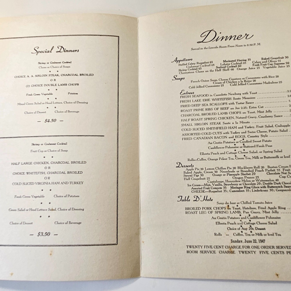 G 1947 Menu Lincoln Room at Wade Park Manor Cleveland OH Excellent | eBay