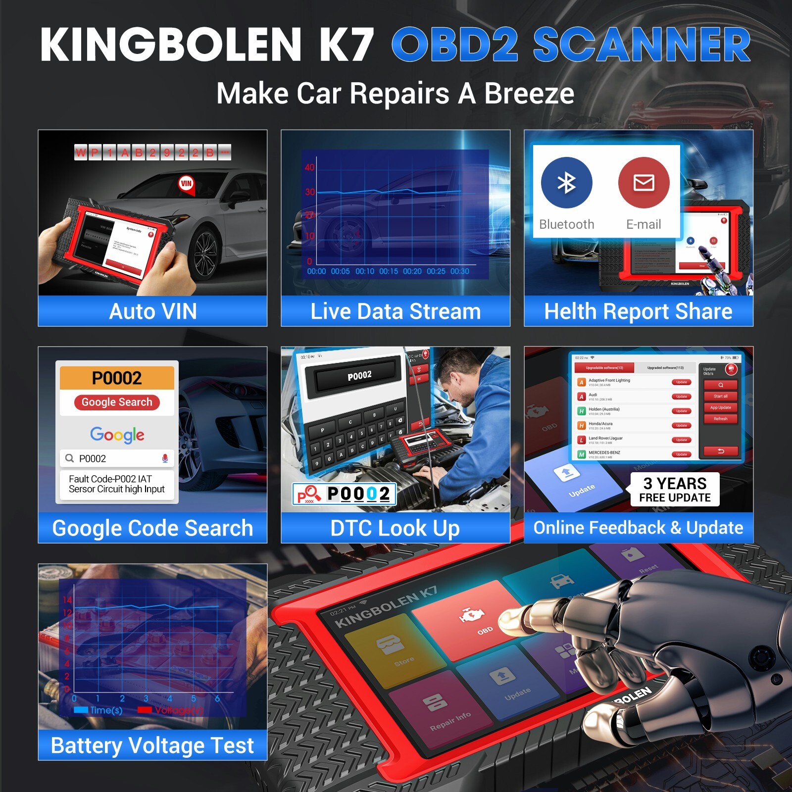 Kingbolen K7 Car OBD2 Scanner Auto Bidirectional Diagnostic Tool Key ...