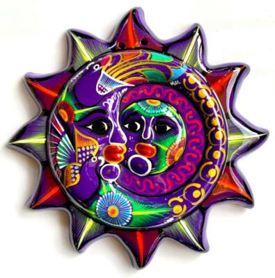 Mexican Sun Moon Face Eclipse Folk Art Talavera Pottery Hand Painted 11 ...